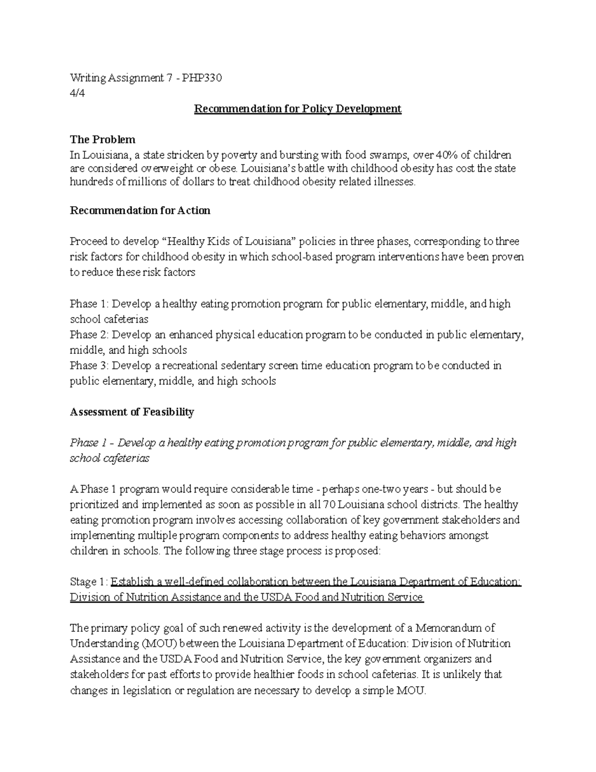 Writing Assignment 7 Recommendation for Action and Assessment of ...