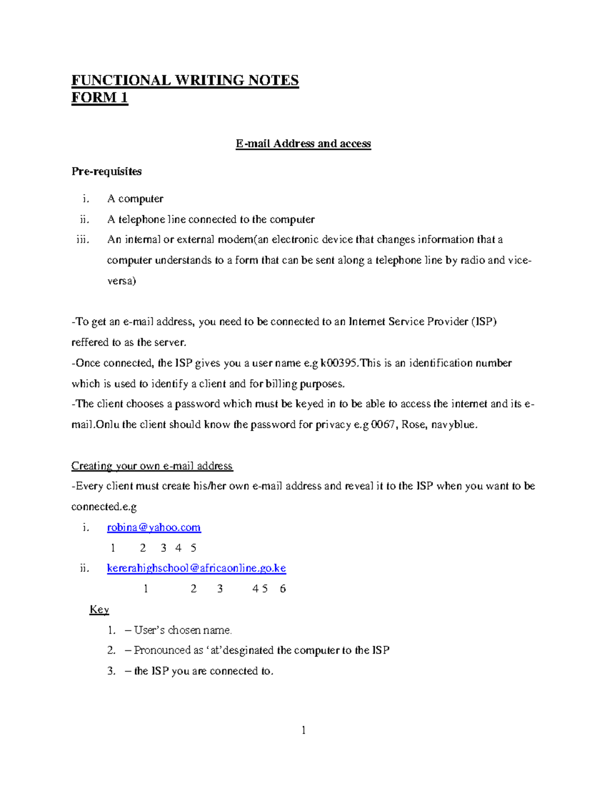 Functional Writing Notes F1 4 - FUNCTIONAL WRITING NOTES FORM 1 E-mail ...