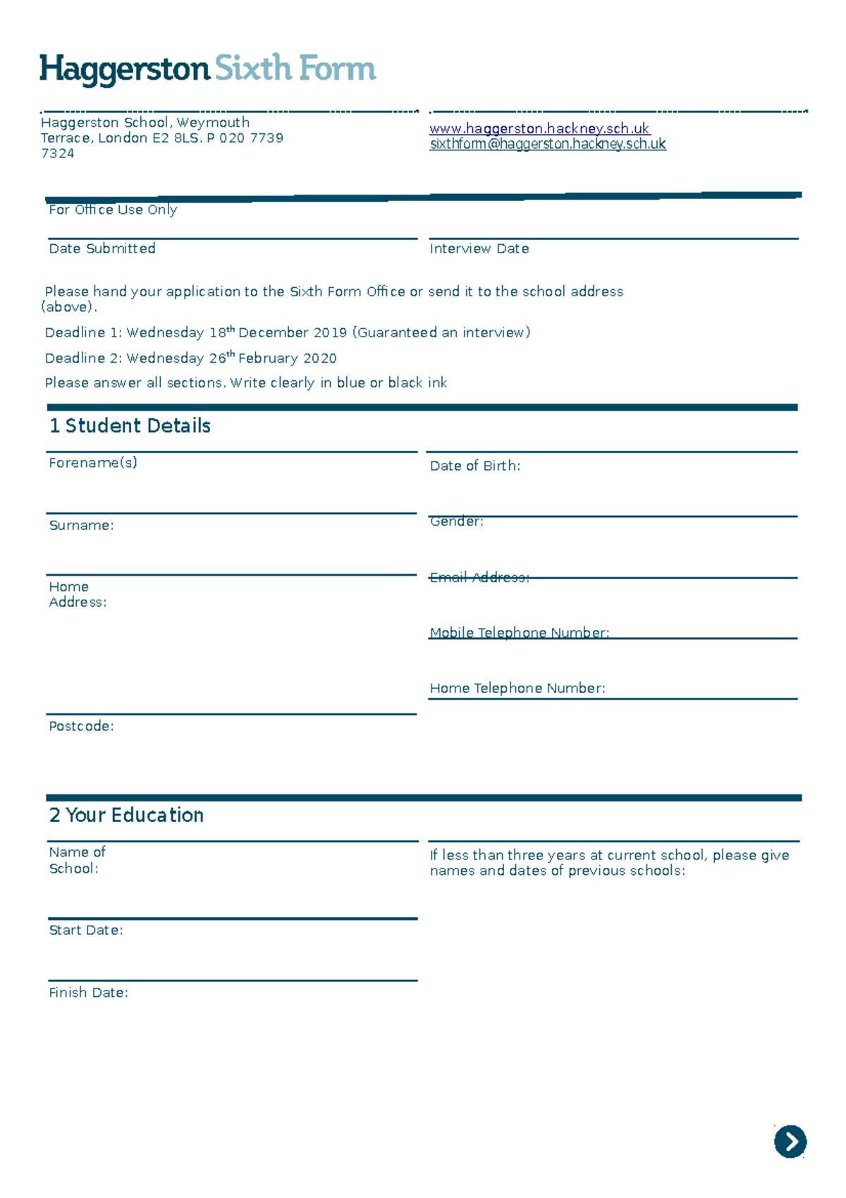 Haggerston 6th Form Application-Form - Haggerston School, Weymouth ...