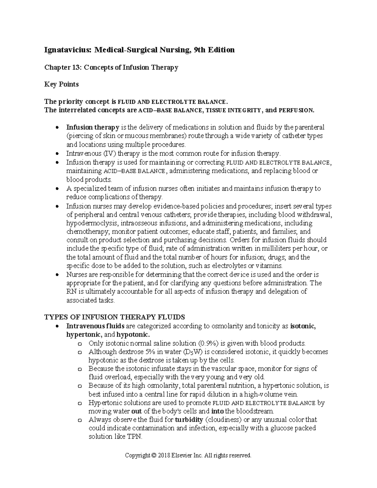 Infusion therapy - Notes - Ignatavicius: Medical-Surgical Nursing, 9th ...