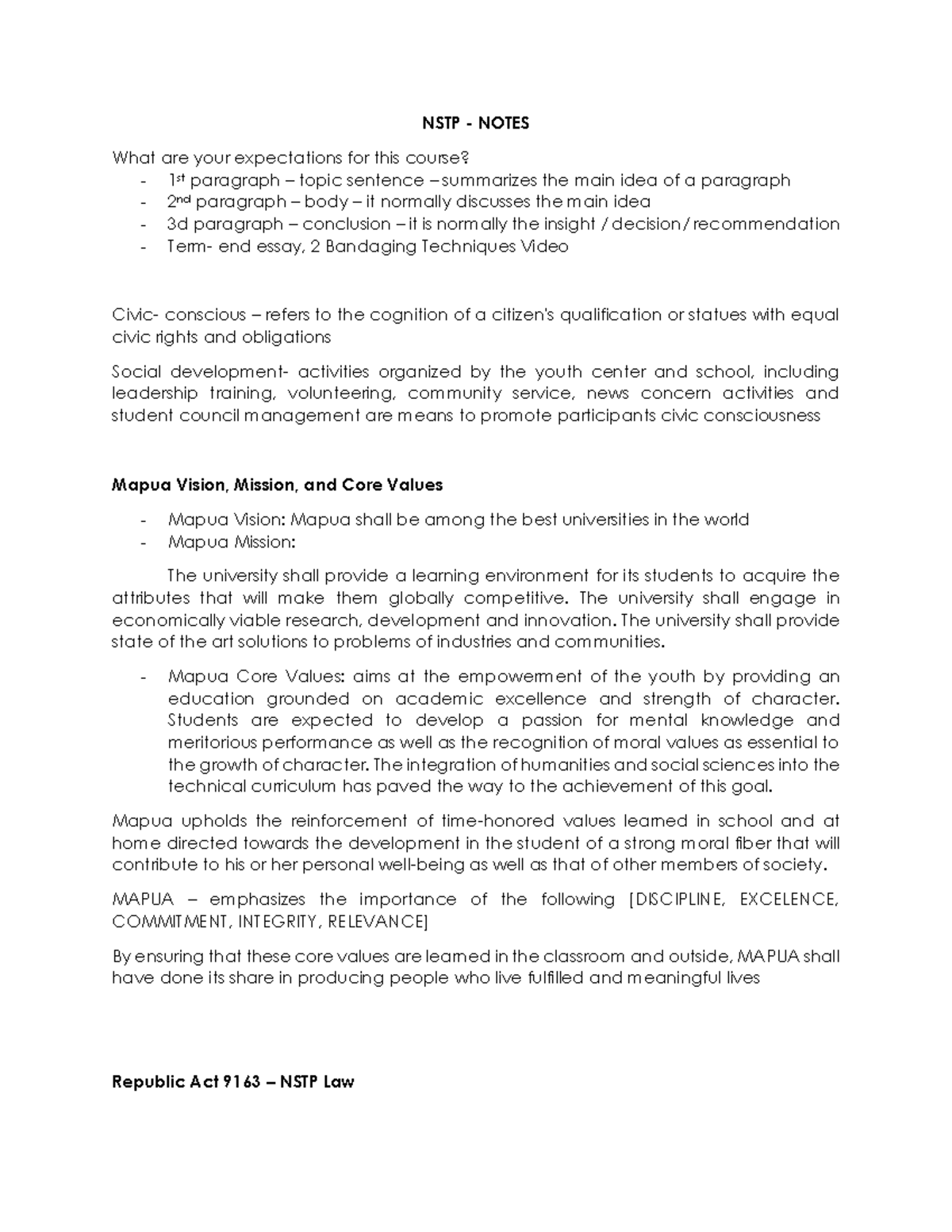 -NSTP-1 - Assessment 3 - NSTP - NOTES What are your expectations for ...