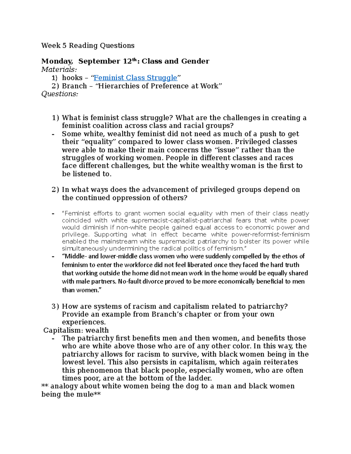 Week 5 Reading Questions - Week 5 Reading Questions Monday, September 12th: Class and Gender ...