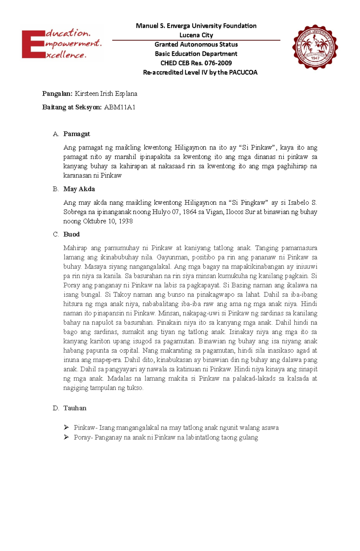 Maikling kwentong Hiligaynon; Si Pinkaw - Manuel S. Enverga University ...