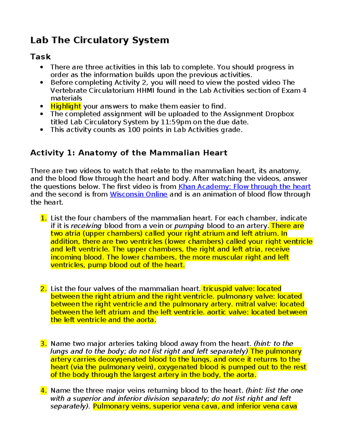 Lab The Circulatory System 23S - Lab The Circulatory System Task There ...