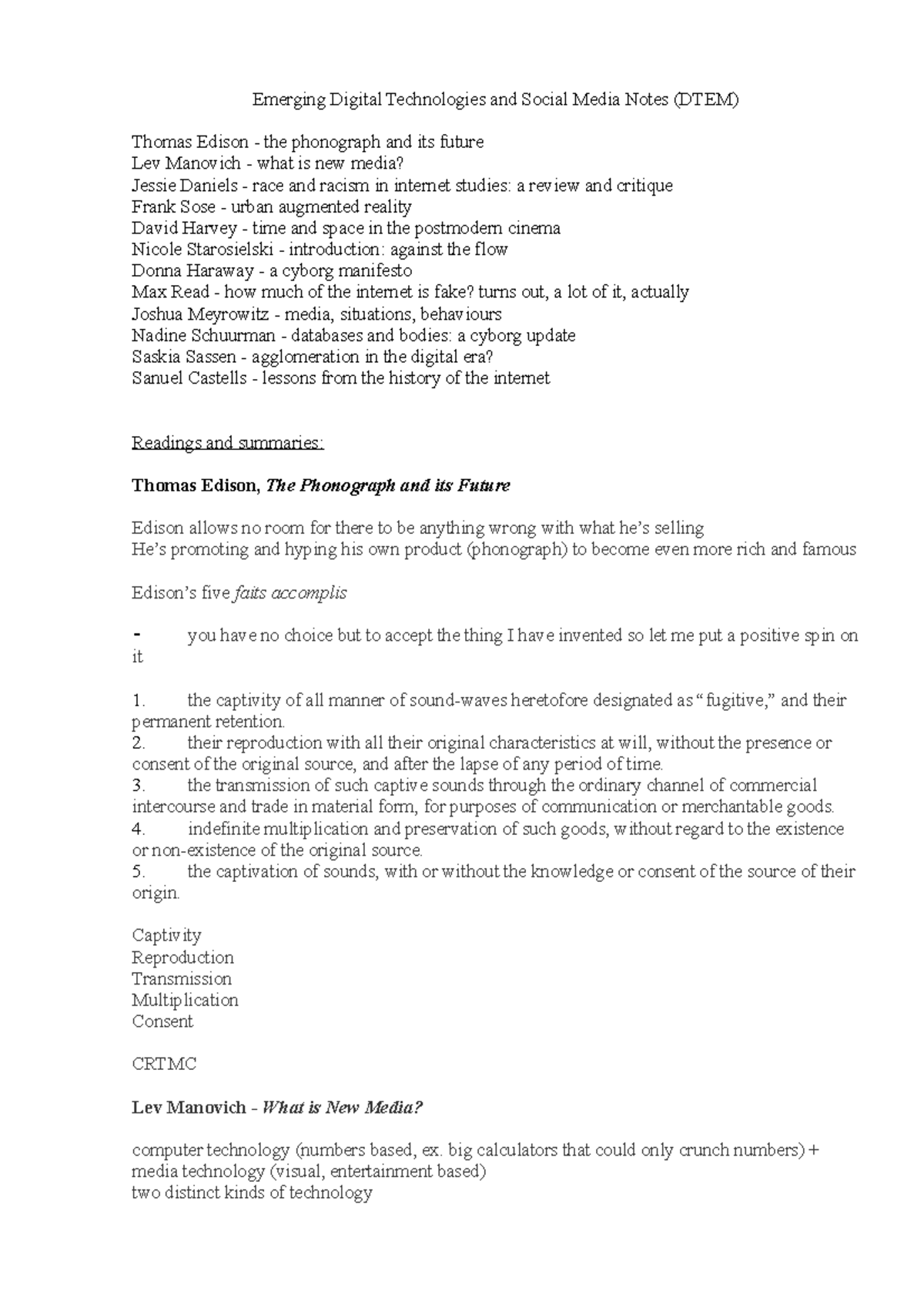 DTEM Class Notes - Emerging Digital Technologies and Social Media Notes ...