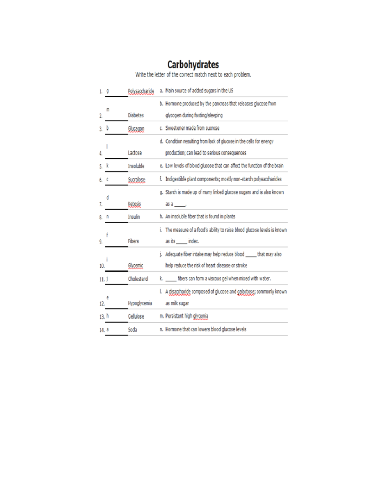 Carbohydrates Puzzle Answers - Carbohydrates White the letter of the ...