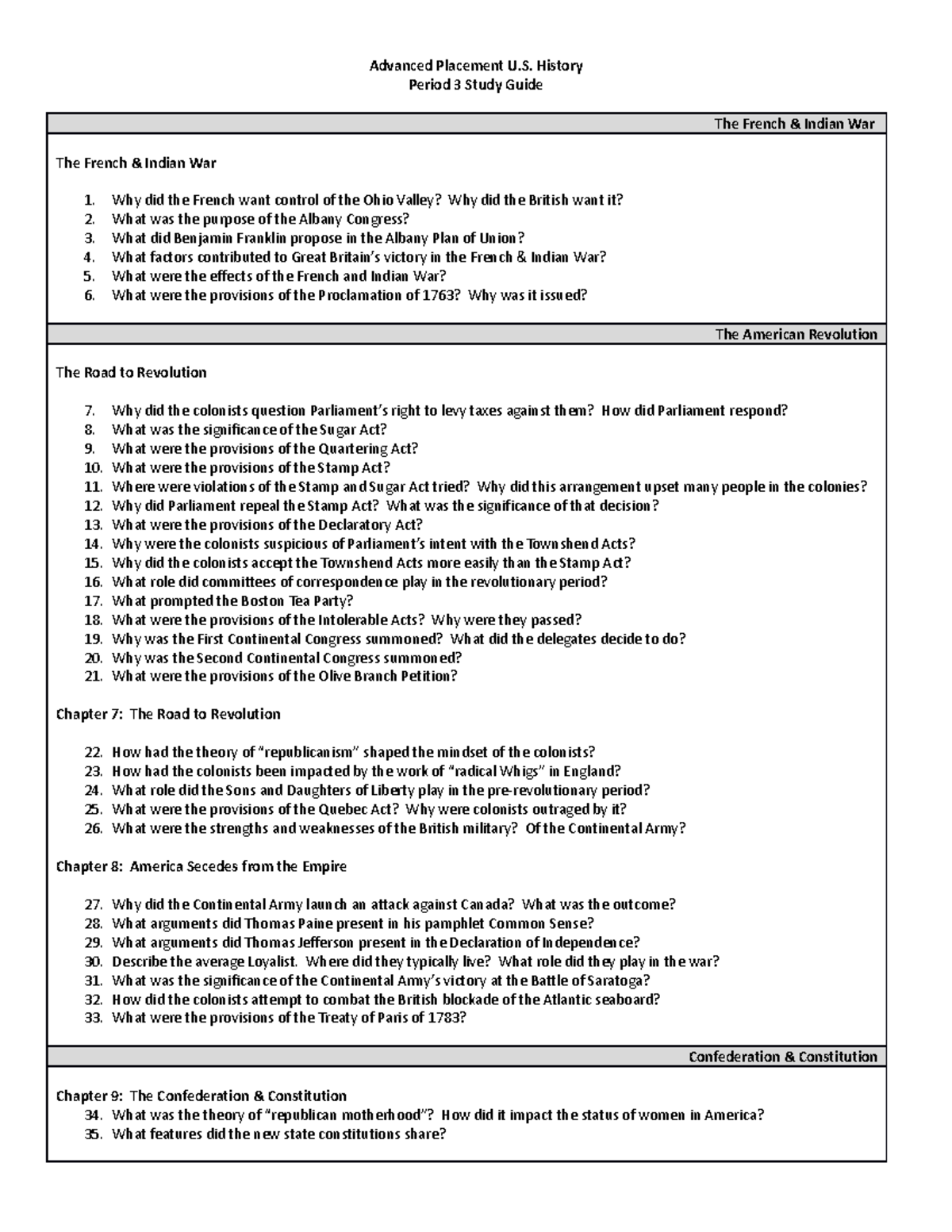 Period 3 Study Guide Fall 2023 - Advanced Placement U. History Period 3 ...