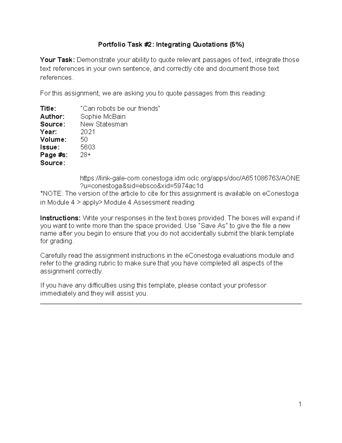 Integrating Quotations Template W24 - Portfolio Task #2: Integrating ...