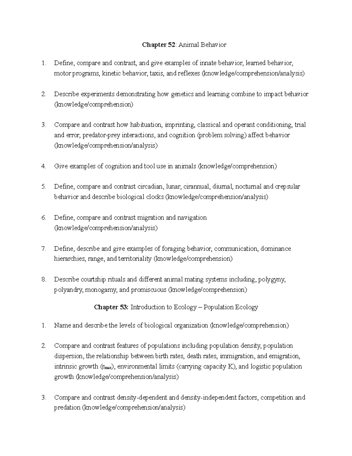 CH 52 - 57 Notes - ..... - Chapter 52: Animal Behavior Define, compare ...