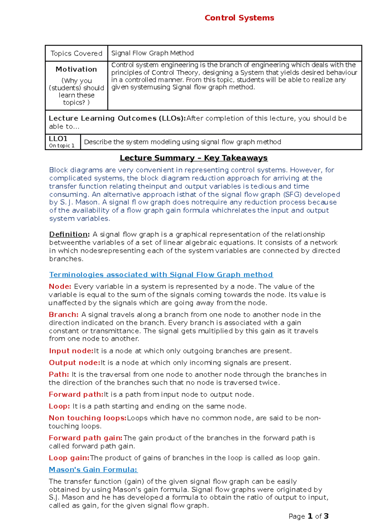 Signal Flow Graph Method Control Systems Topics Covered Signal Flow Graph Method Motivation