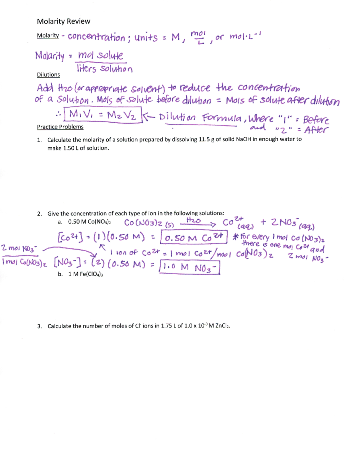 1E Molarity Review with example done - CHEM 1212 - Studocu