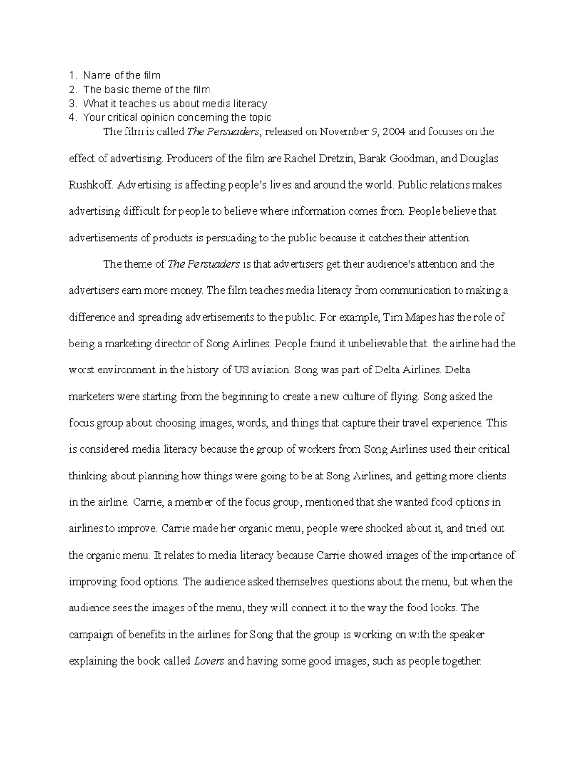 Film Review #1 assignment Finished - Name of the film The basic theme ...