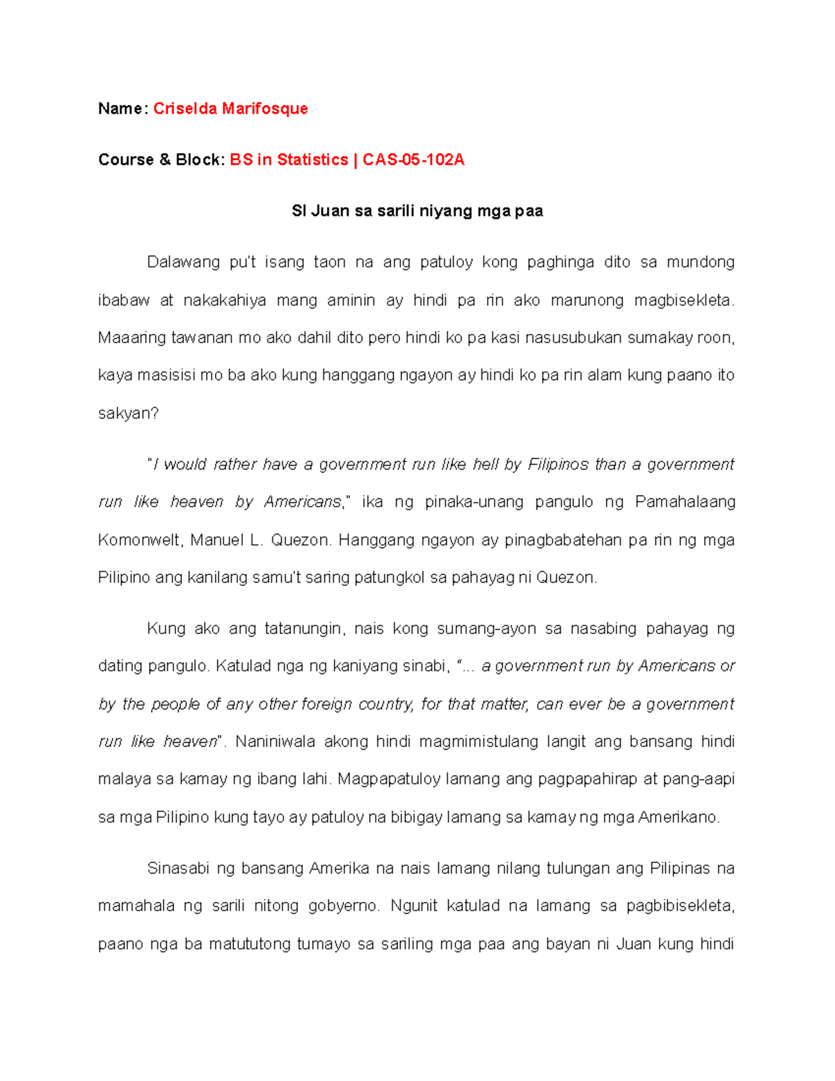 SI Juan sa sarili niyang mga paa - Name: Criselda Marifosque Course ...
