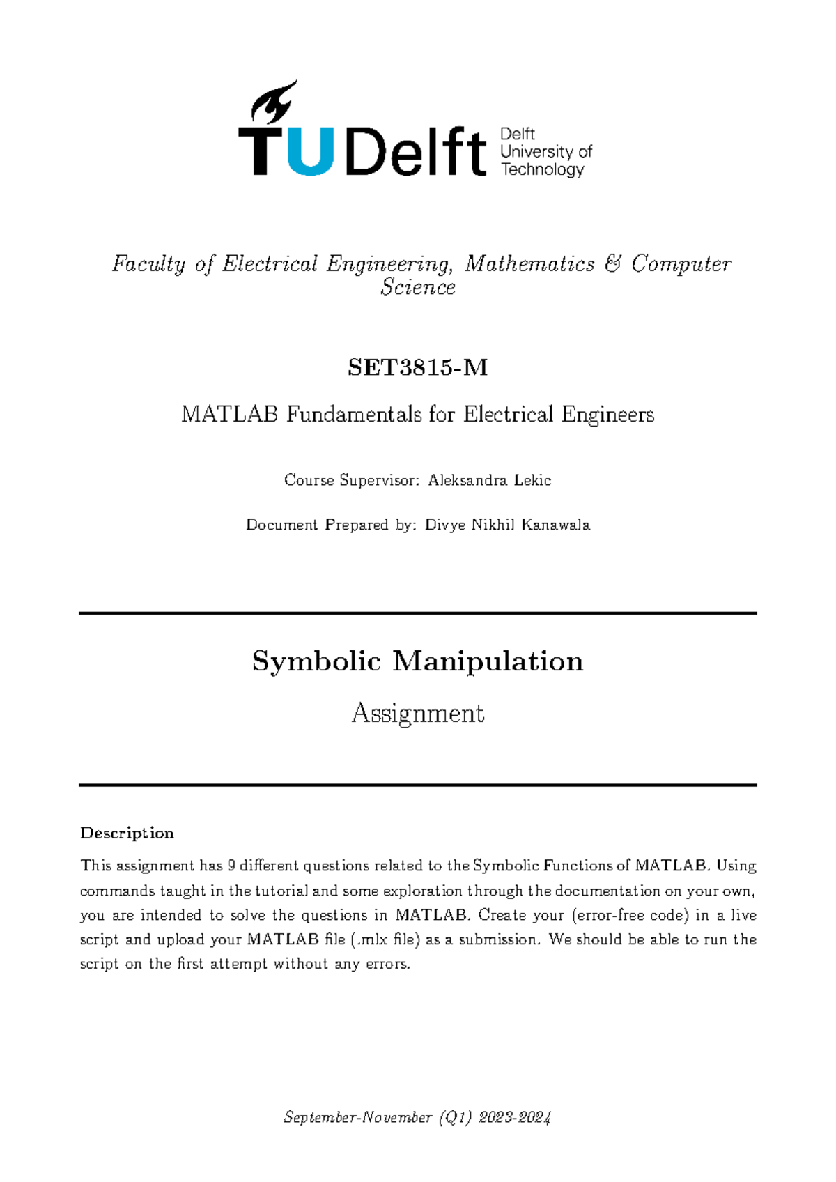 Symbolic Manipulation Assignment - Faculty of Electrical Engineering ...