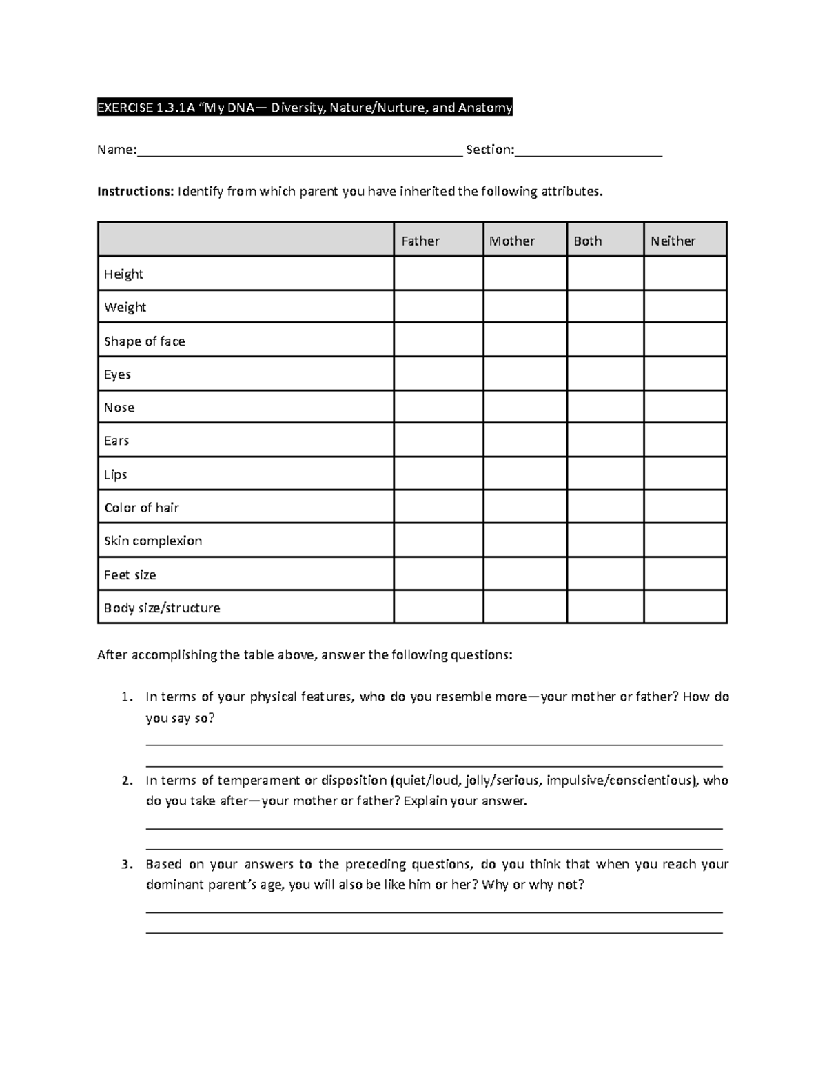 What Science Says Individual Activity - EXERCISE 1.3 “My DNA— Diversity ...
