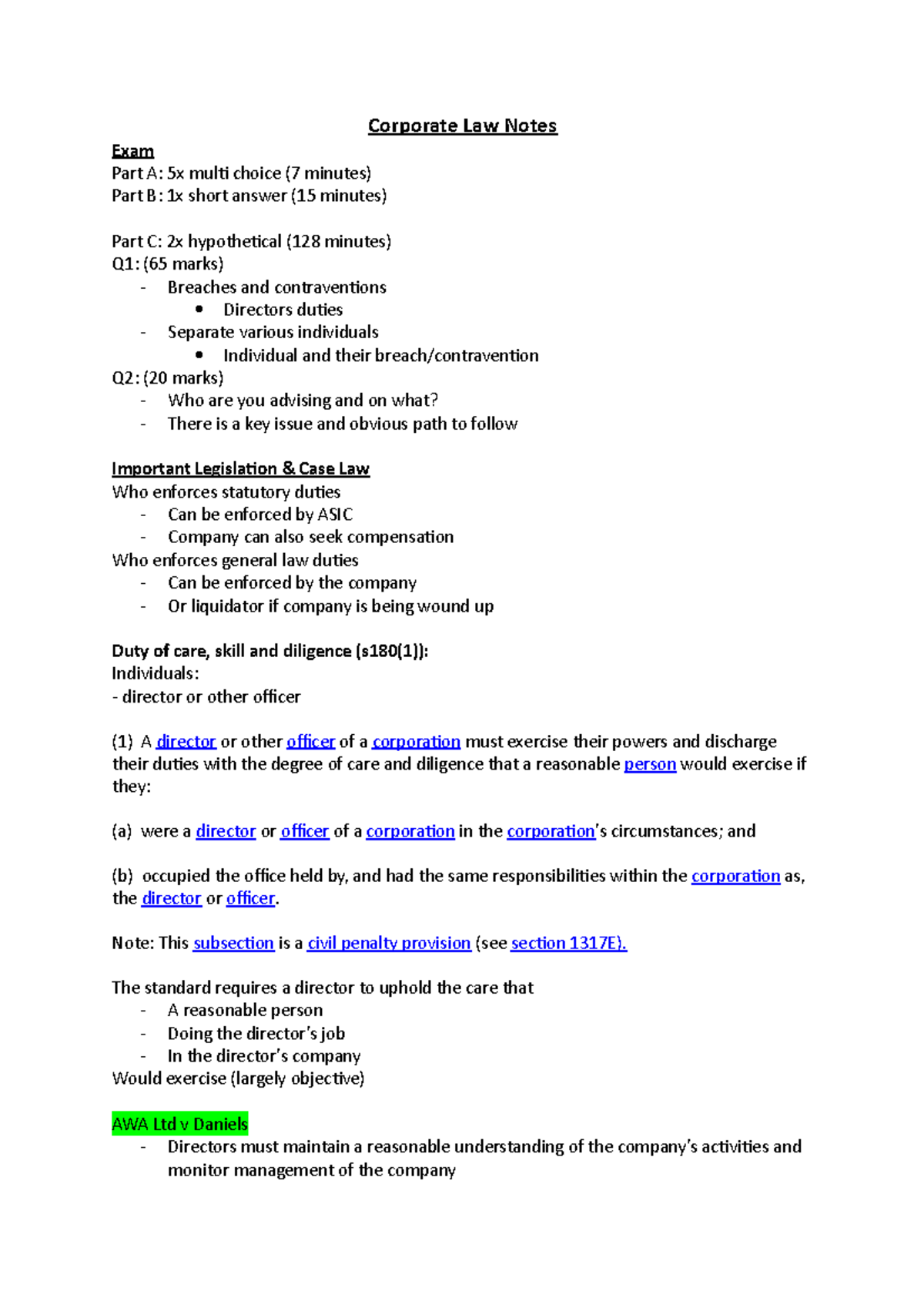 Corporate Law Notes - Exam summary - Corporate Law Notes Exam Part A ...