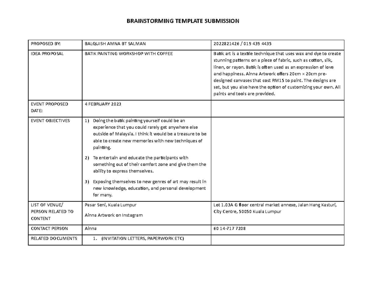 Brainstorming Template 2 - BRAINSTORMING TEMPLATE SUBMISSION PROPOSED ...