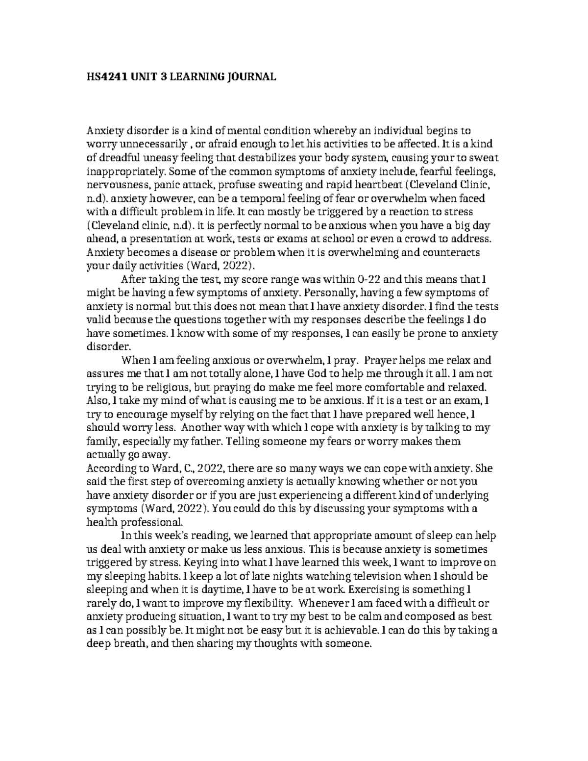 HS4241 UNIT 3 Learning Journal - HS4241 UNIT 3 LEARNING JOURNAL Anxiety disorder is a kind of ...