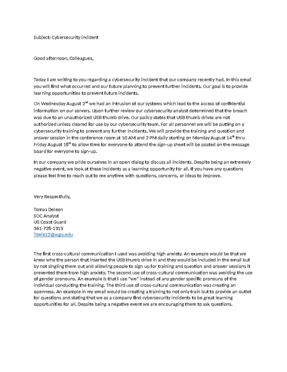 D270 Assignment 1 - Task 1 for D270 - Subject: Cybersecurity incident ...