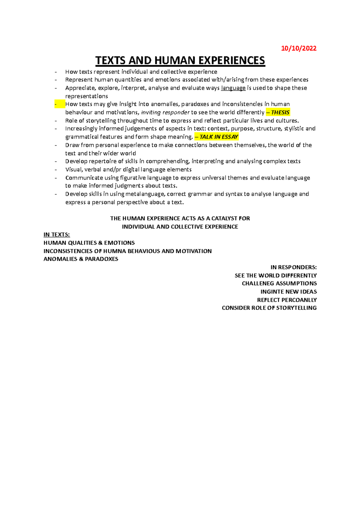 Texts and human experiences - 10/10/ TEXTS AND HUMAN EXPERIENCES - How ...