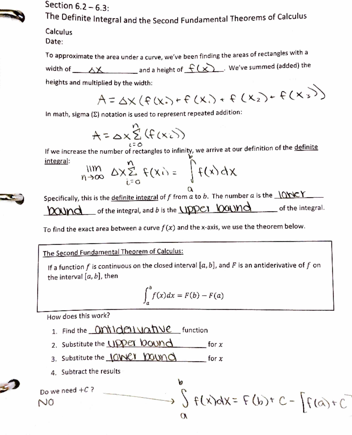 6.2 - 6.3: The Definite Integral and the Second Fundamental Theorem of ...