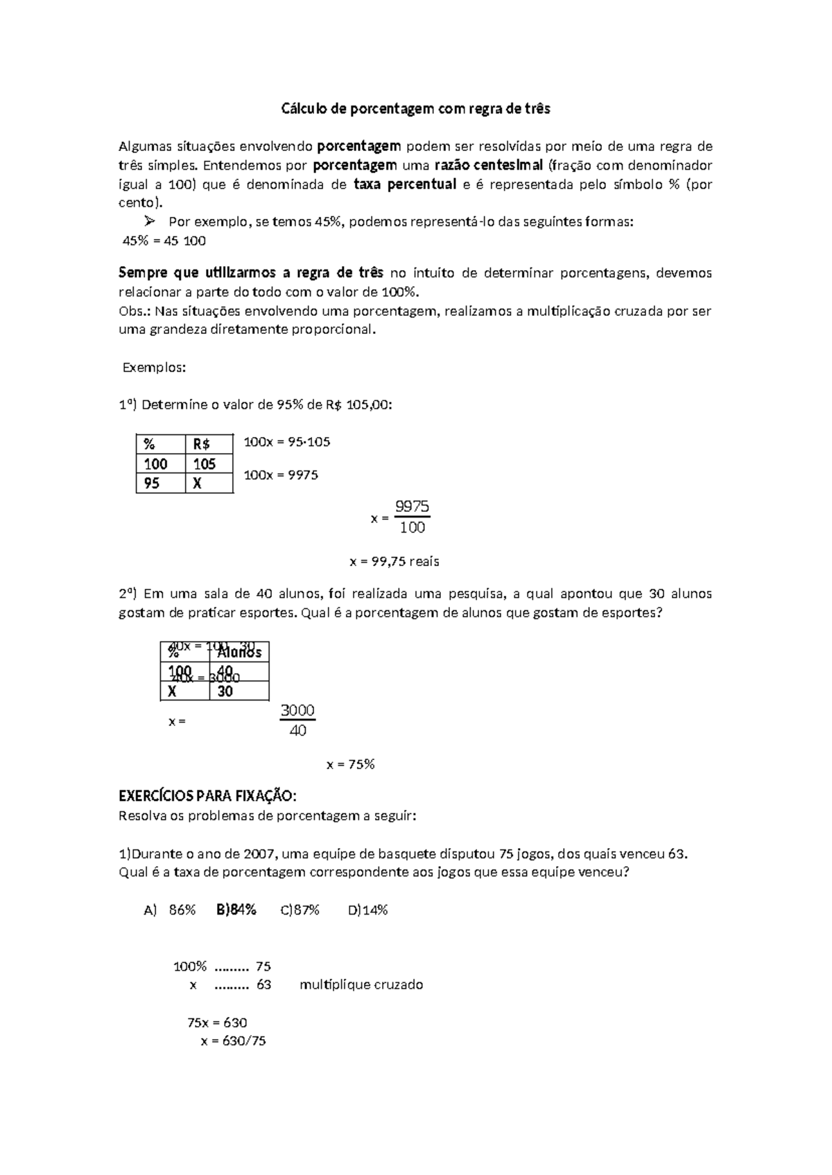 Cálculo de porcentagem com regra de três P 18 03 - Cálculo de ...