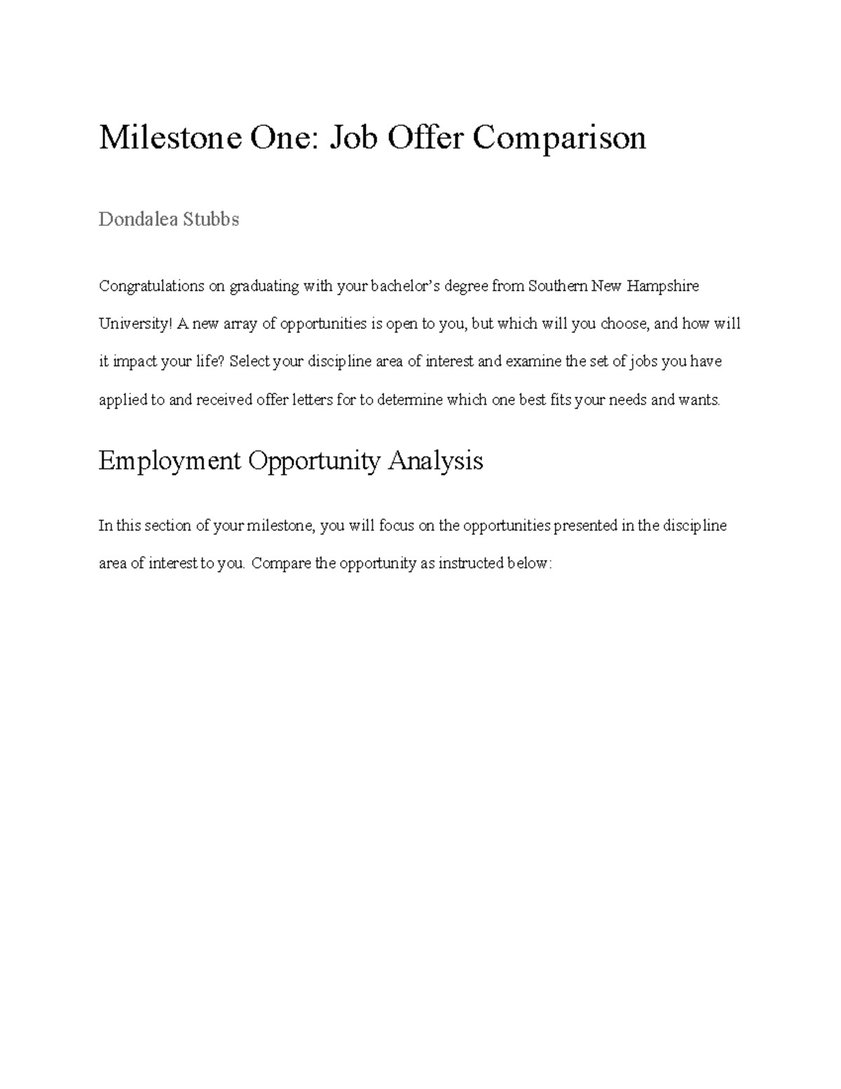 MAT 125 Milestone One Template - Milestone One: Job Offer Comparison ...