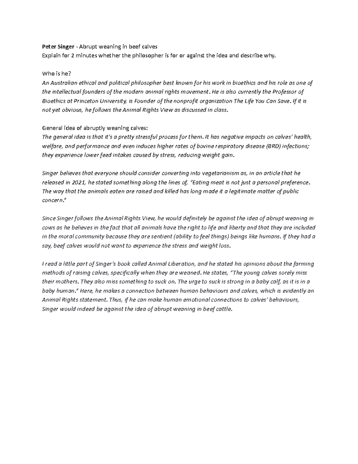 ANSC2210 Seminar 3 Discussion - Peter Singer - Abrupt weaning in beef ...