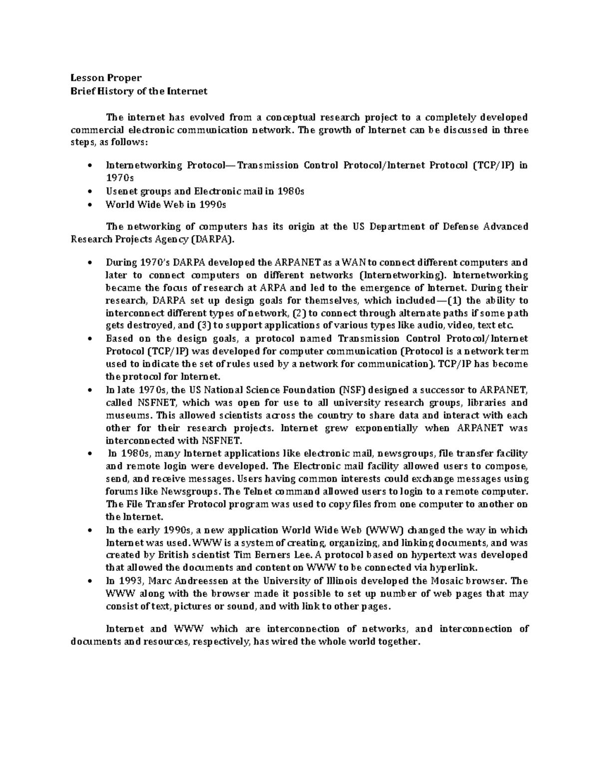 Brief History of the Internet - Lesson Proper Brief History of the ...