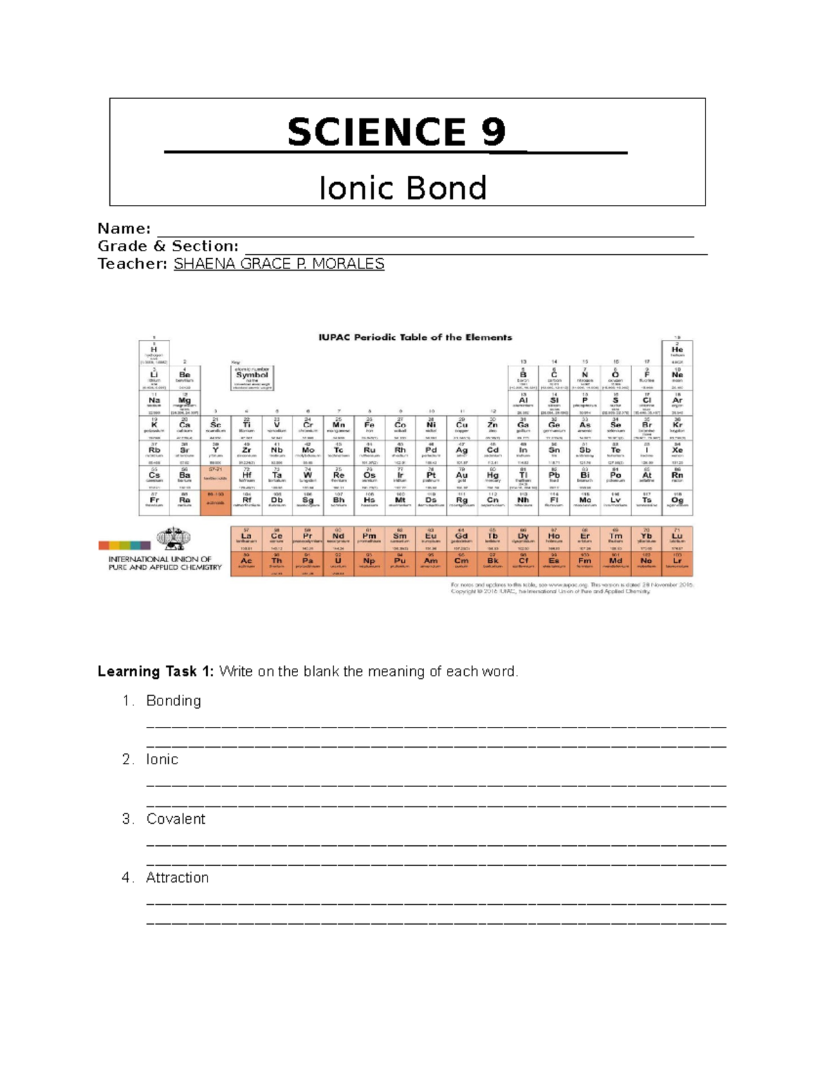 Ionic Bond and its formation module - Name: - Studocu
