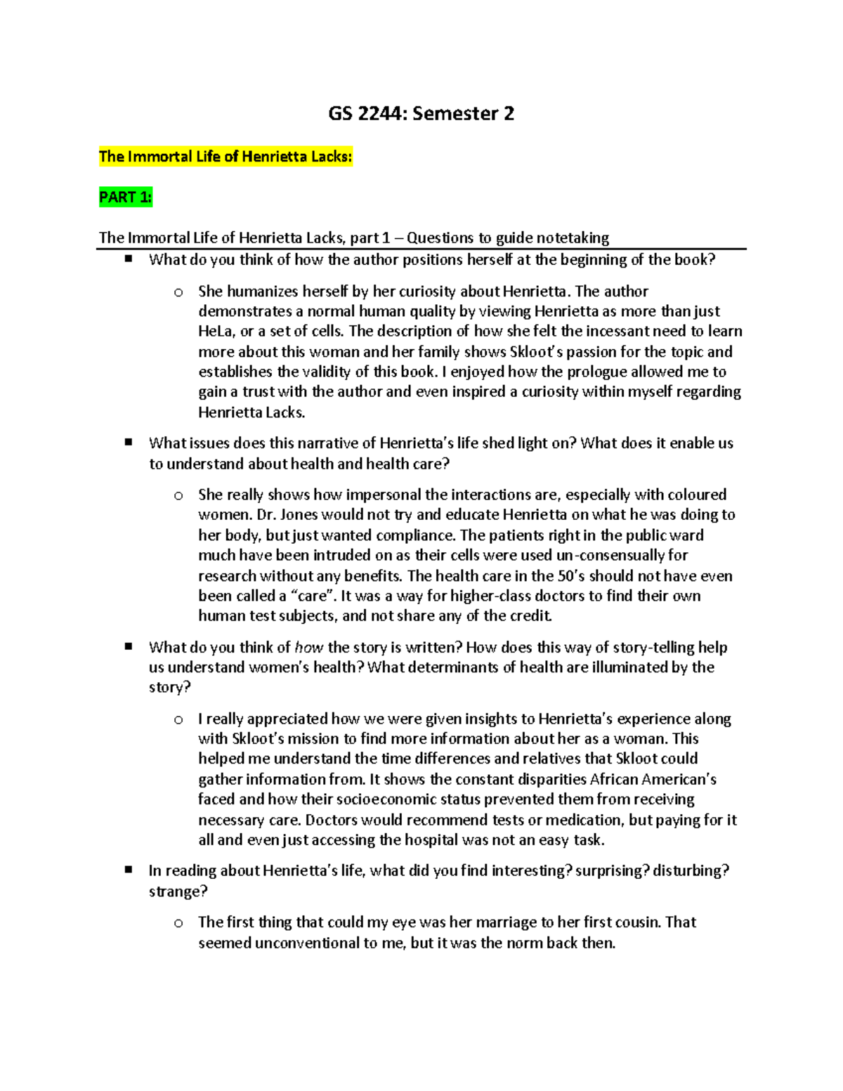 HL Part 1 Notes - GS 2244: Semester 2 The Immortal Life of Henrietta ...