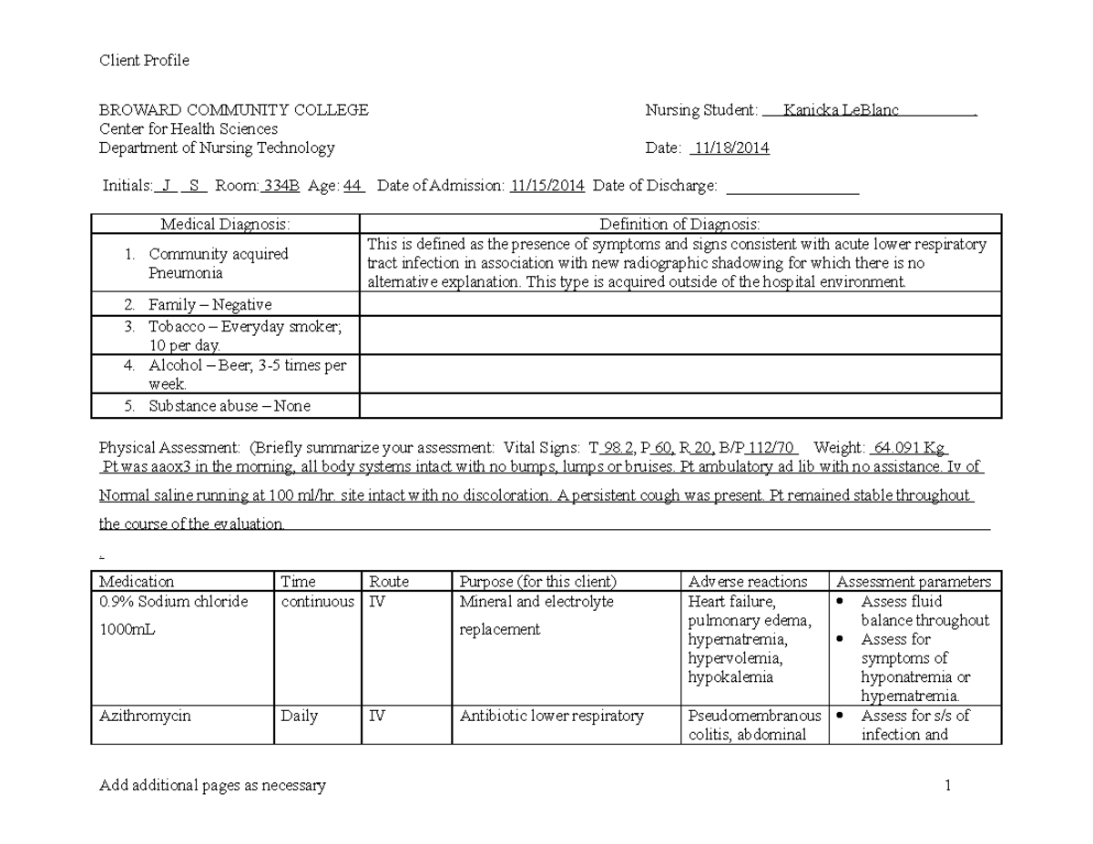 Completed patient profile - BROWARD COMMUNITY COLLEGE Nursing Student ...