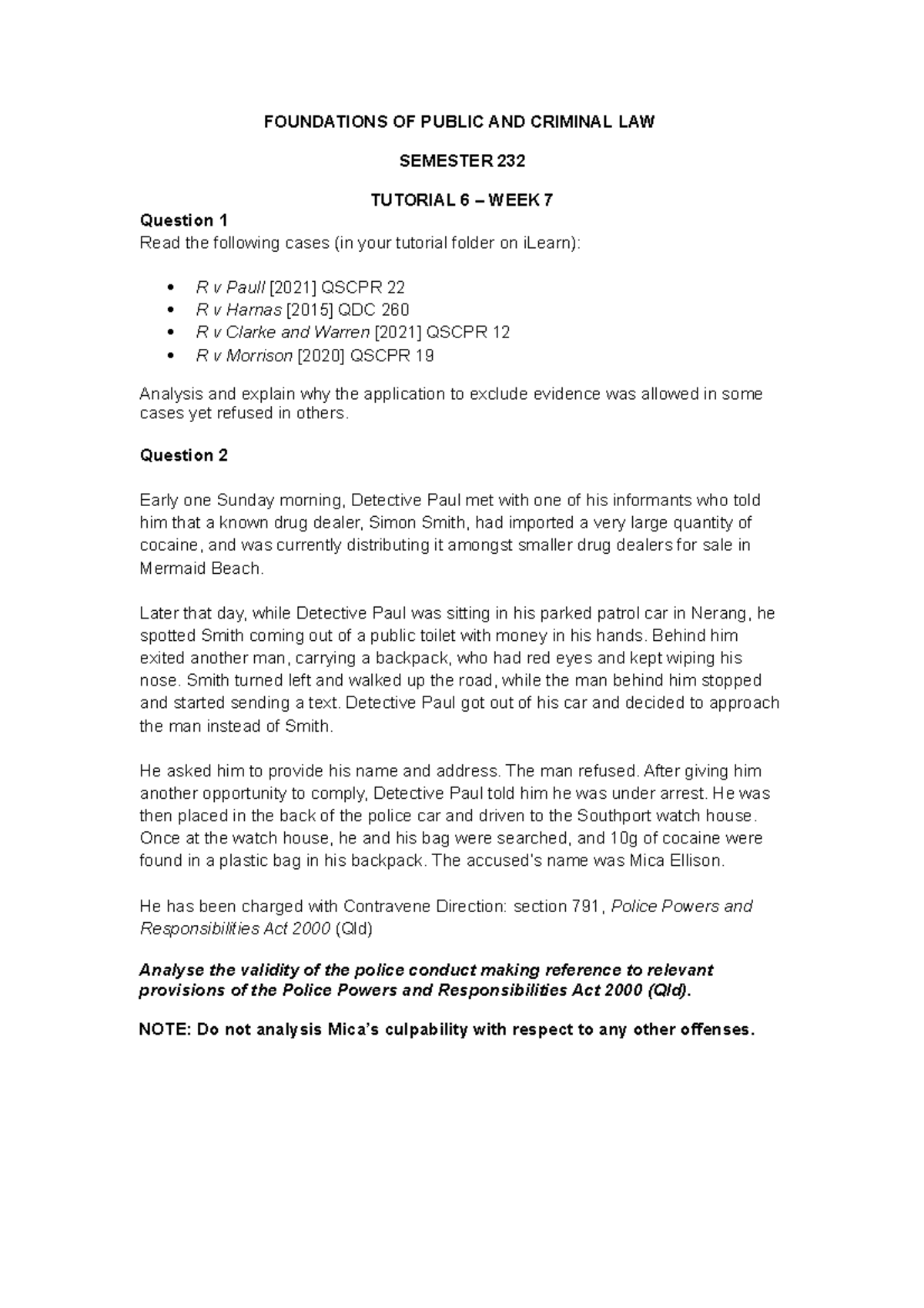 Tutorial 6 - week 7. docx - FOUNDATIONS OF PUBLIC AND CRIMINAL LAW SEMESTER 232 TUTORIAL 6 ...