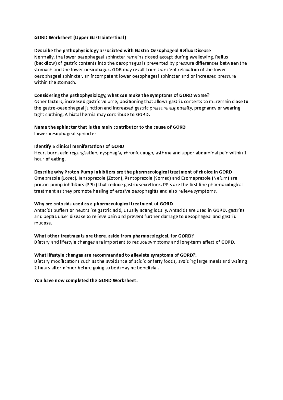 GORD Worksheet - Reflux (backflow) of gastric contents into the ...