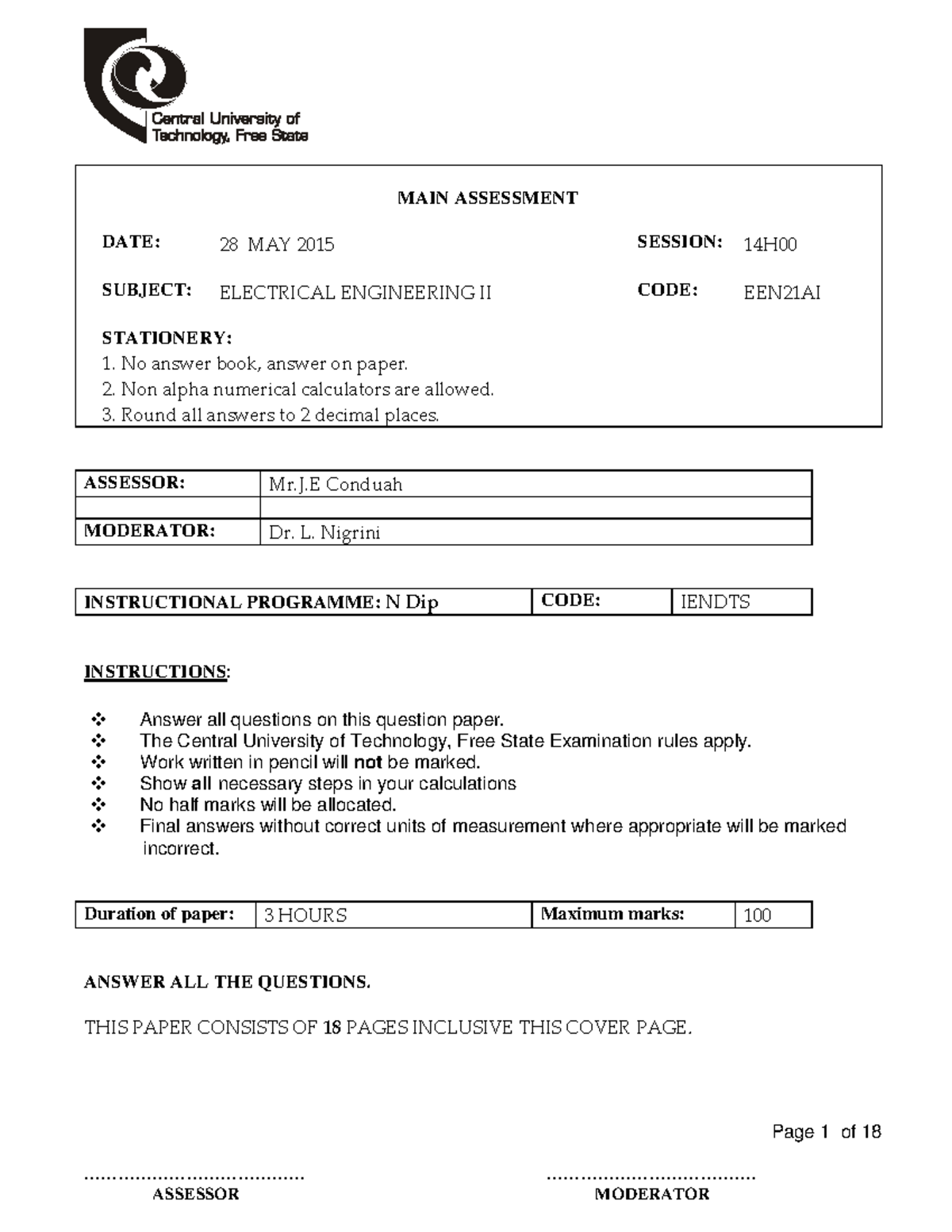 2015 EEN21AI MAIN Assessment - Page 1 of 18 ...