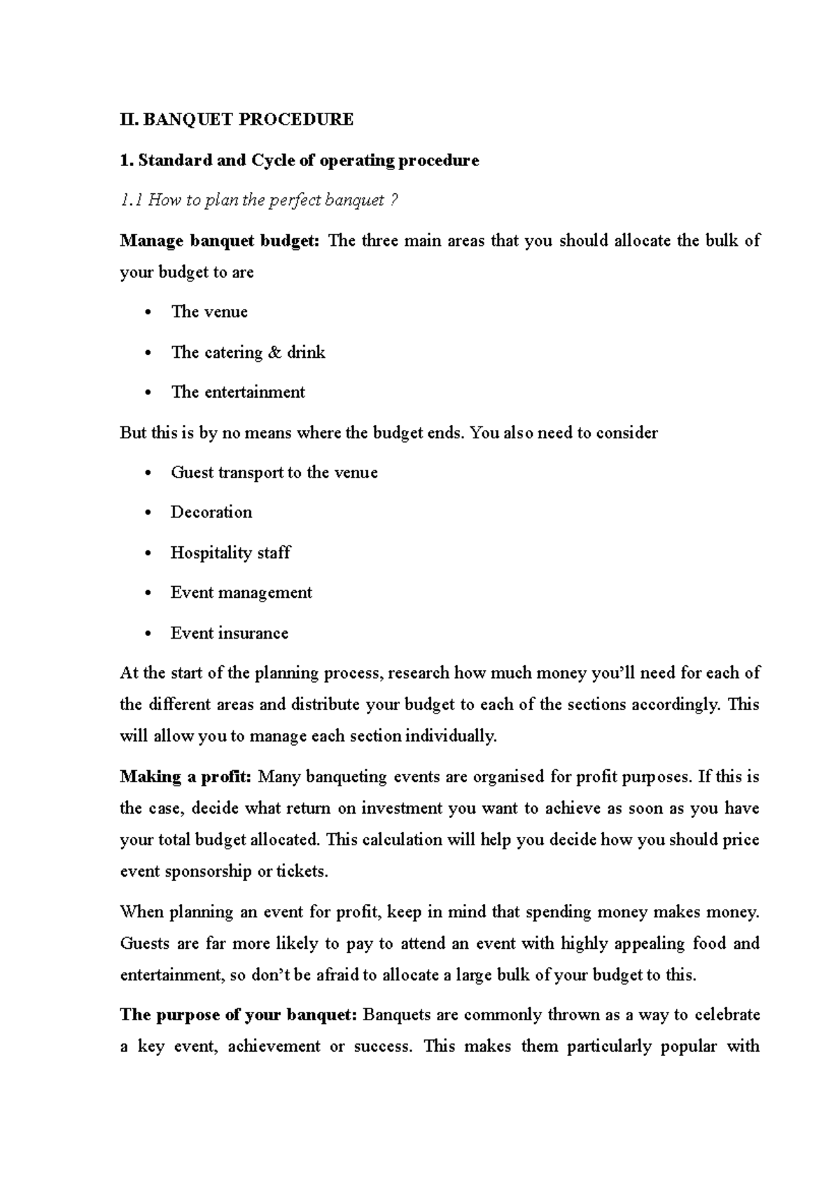 P2 Banquet - II. BANQUET PROCEDURE Standard and Cycle of operating ...