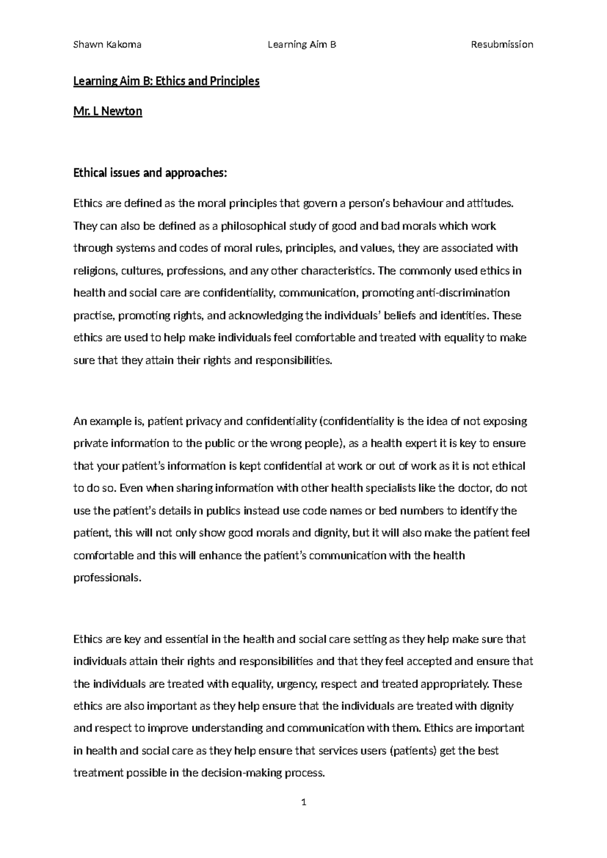 Health and Social Care Coursework LAB Shawn Kakoma Resubmission ...