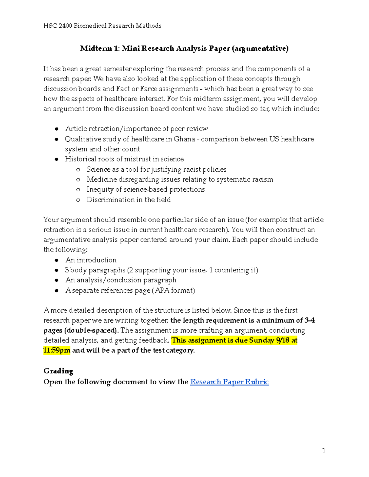 Midterm 1 Mini Research Analysis Paper - HSC 2400 Biomedical Research ...