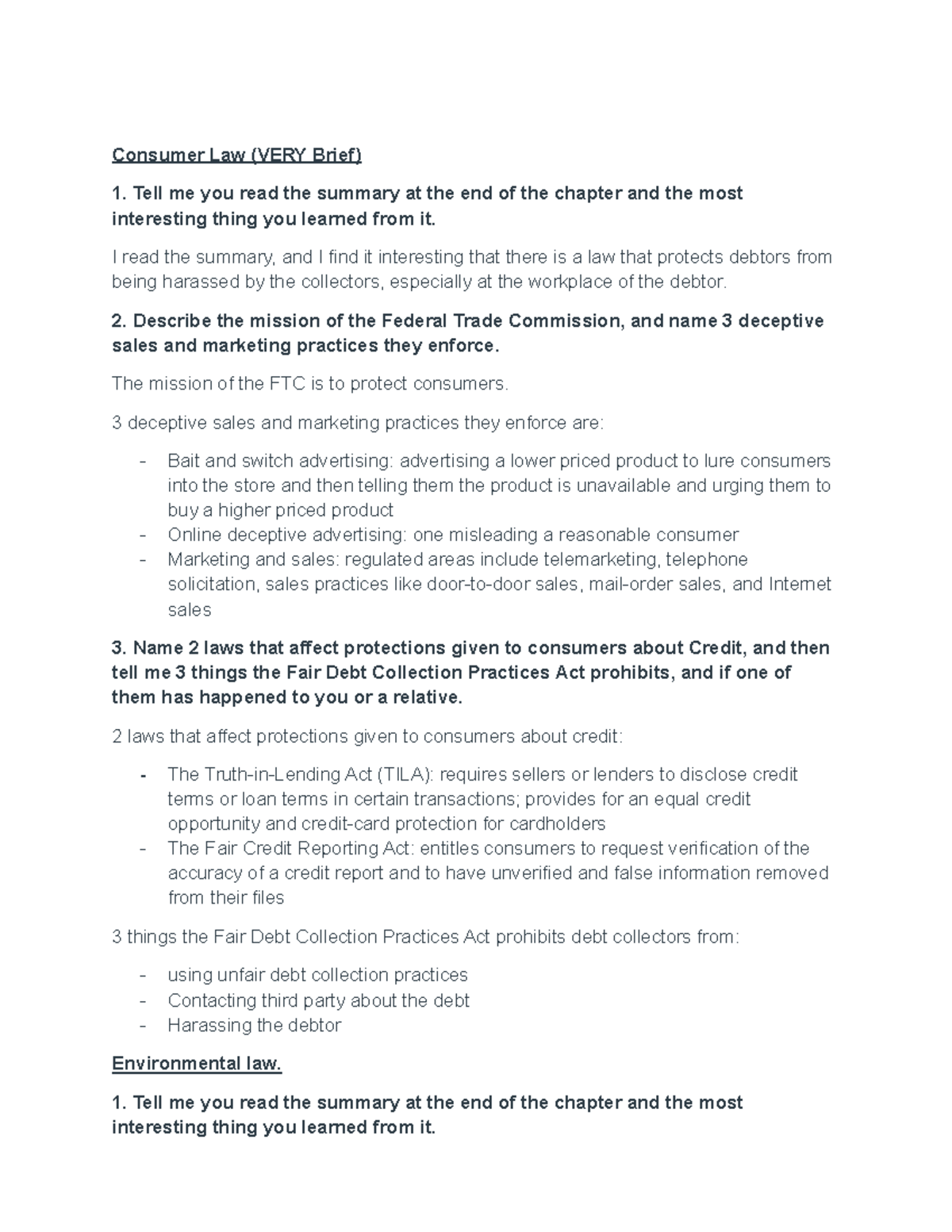 Chapter 21 & 22 - Consumer Law (VERY Brief) 1. Tell me you read the ...