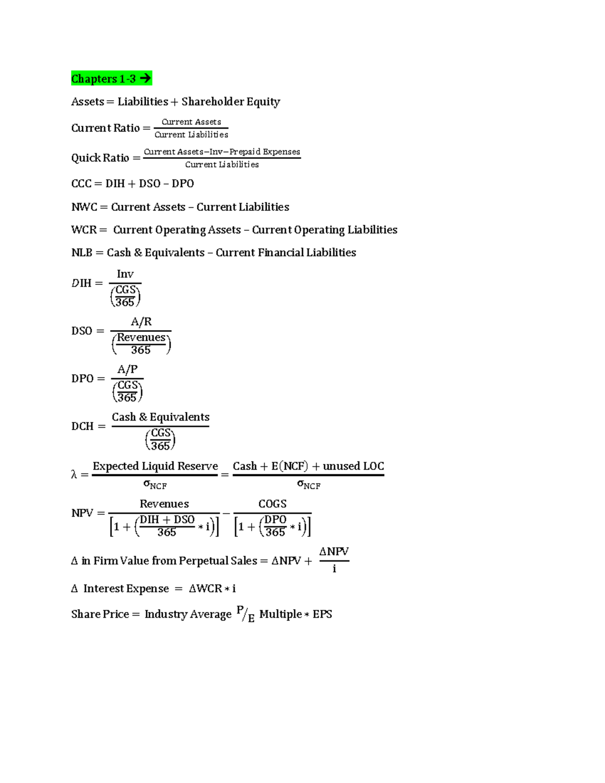 Formula Sheet - Chapters 1-3 Assets = Liabilities + Shareholder Equity ...