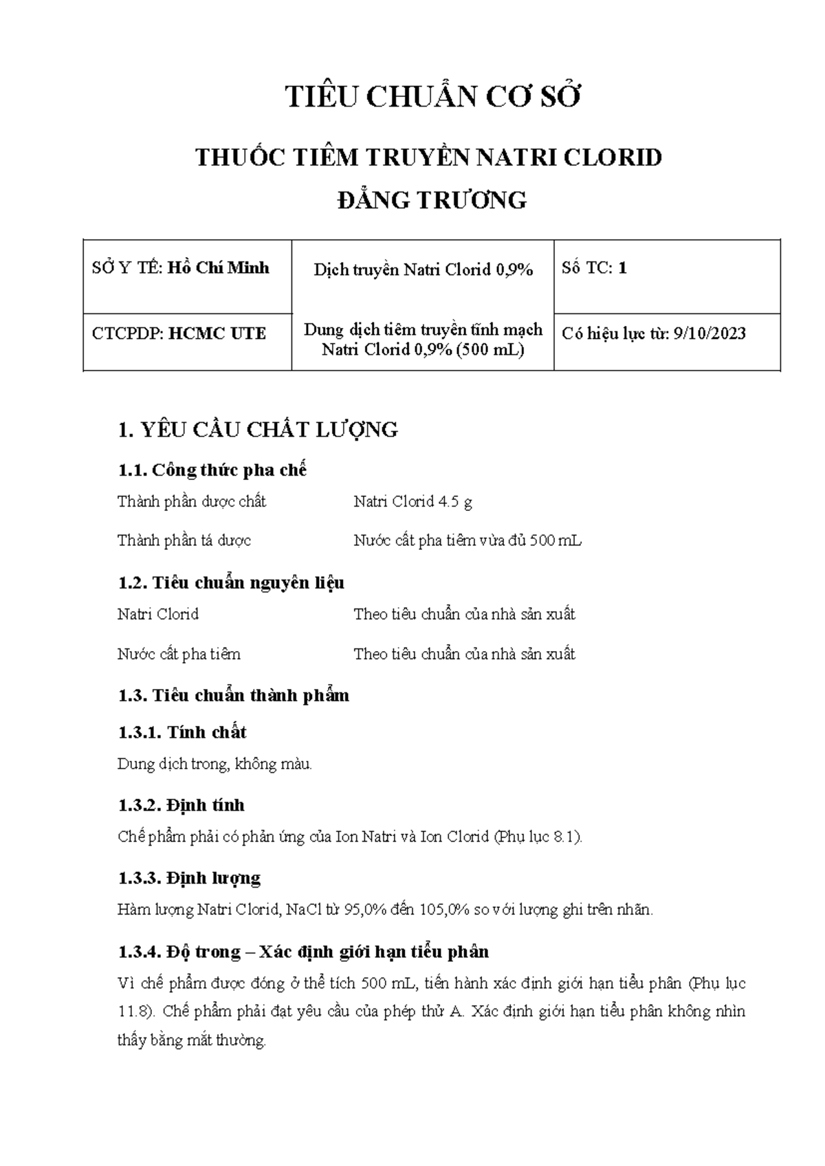 Chuyên Luận Thuốc Tiêm Truyền Natri Clorid Đẳng Trương - TIÊU CHUẨN CƠ ...