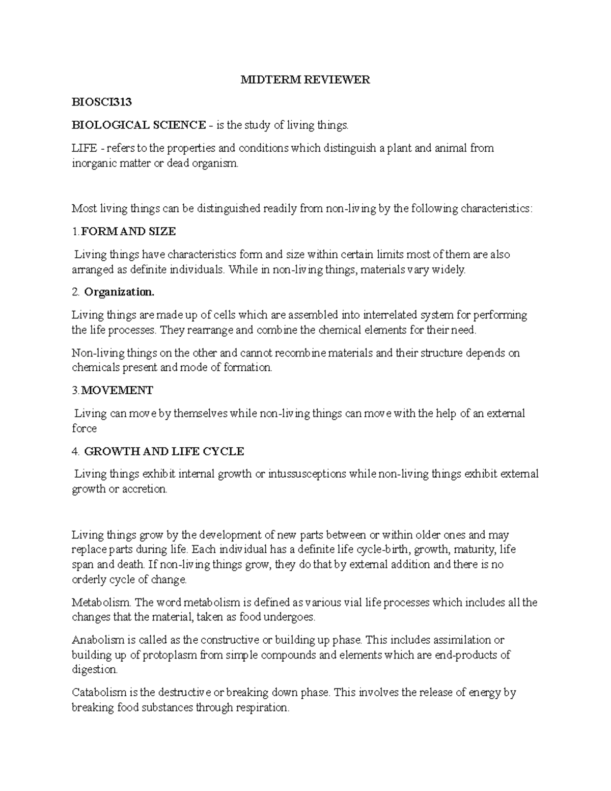 Midterm- Reviewer - MIDTERM REVIEWER BIOSCI BIOLOGICAL SCIENCE - is the study of living things ...