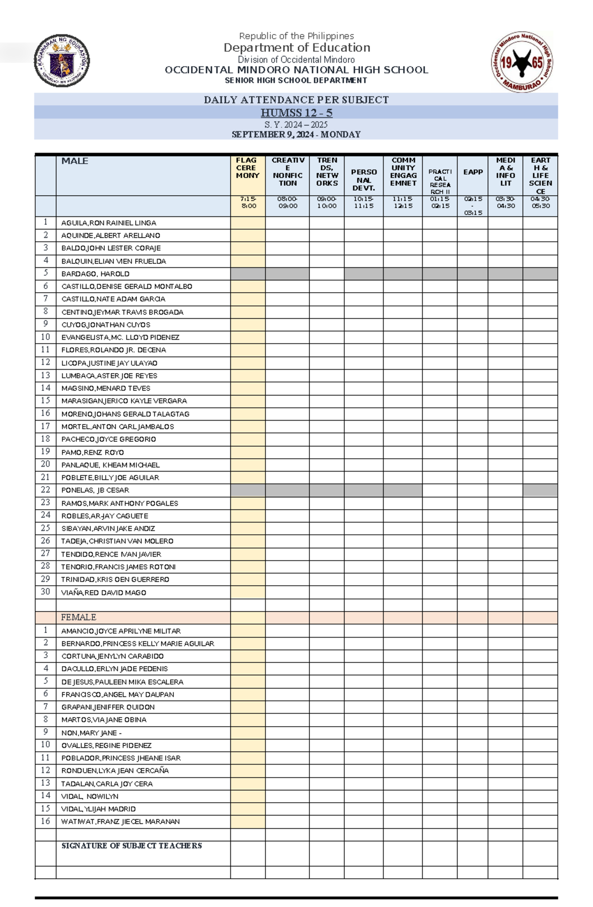 Attendance per Day per Subject - Republic of the Philippines Department ...