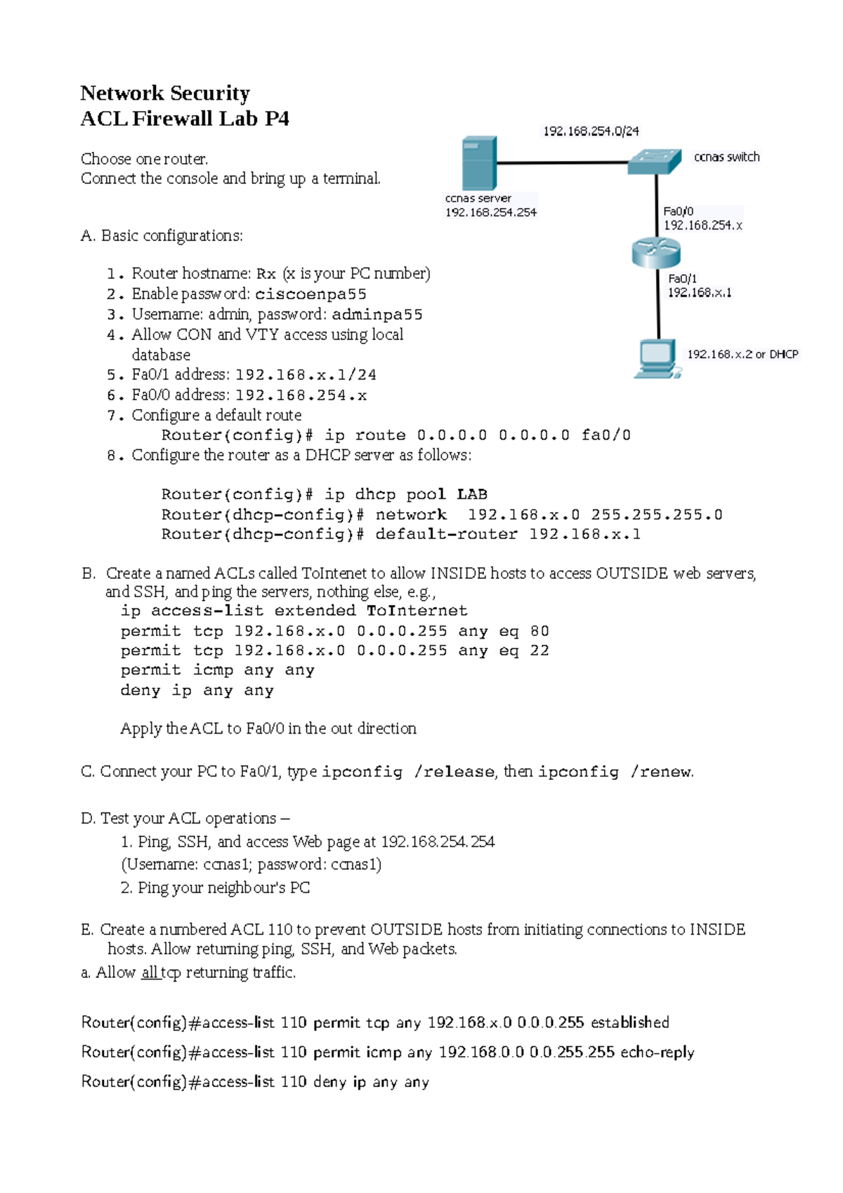 ACL lab 19s2 - acl - Network Security ACL Firewall Lab P Choose one ...