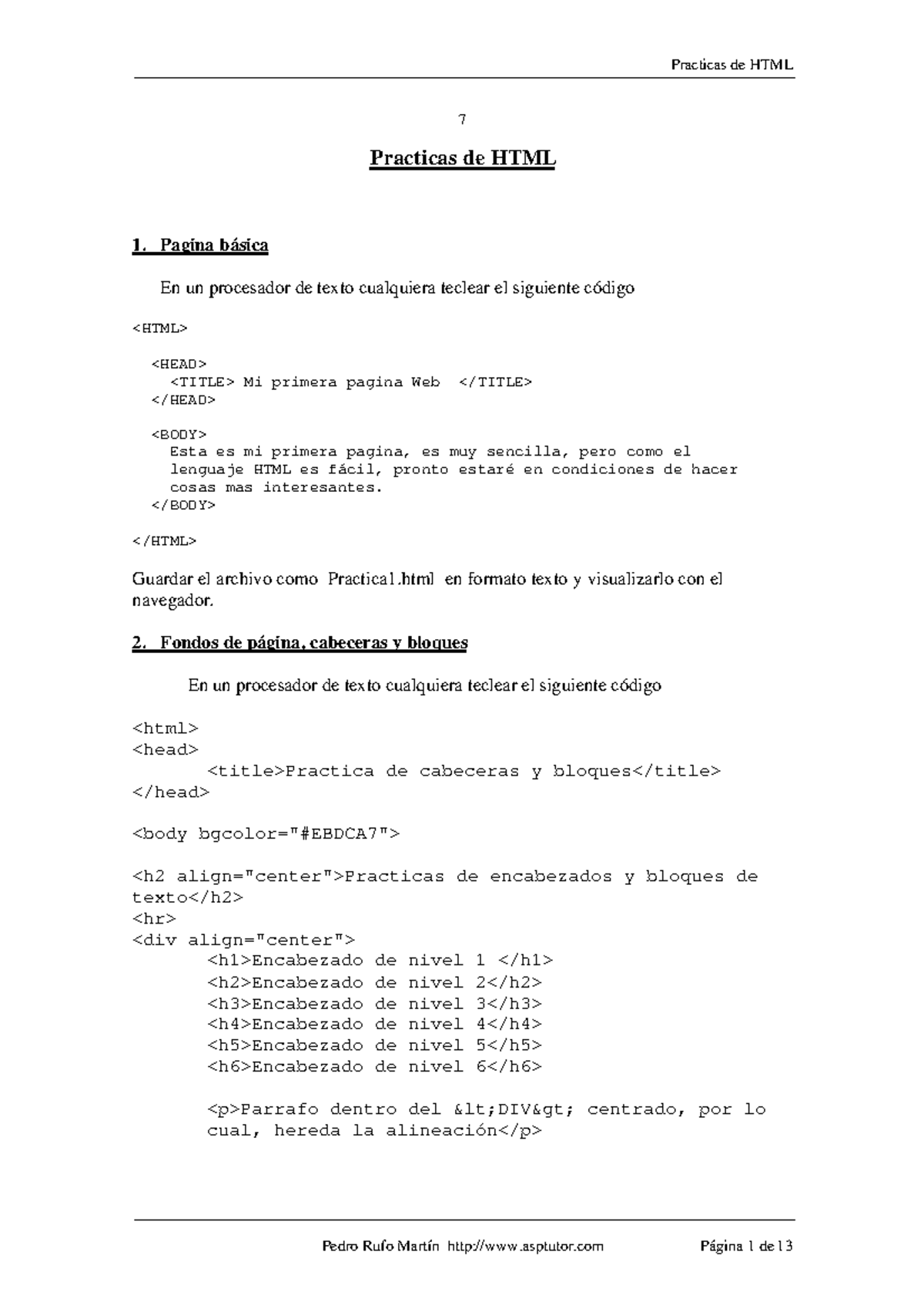 Curso y Ejercicios HTML - 7 Practicas de HTML 1. Pagina básica En un ...