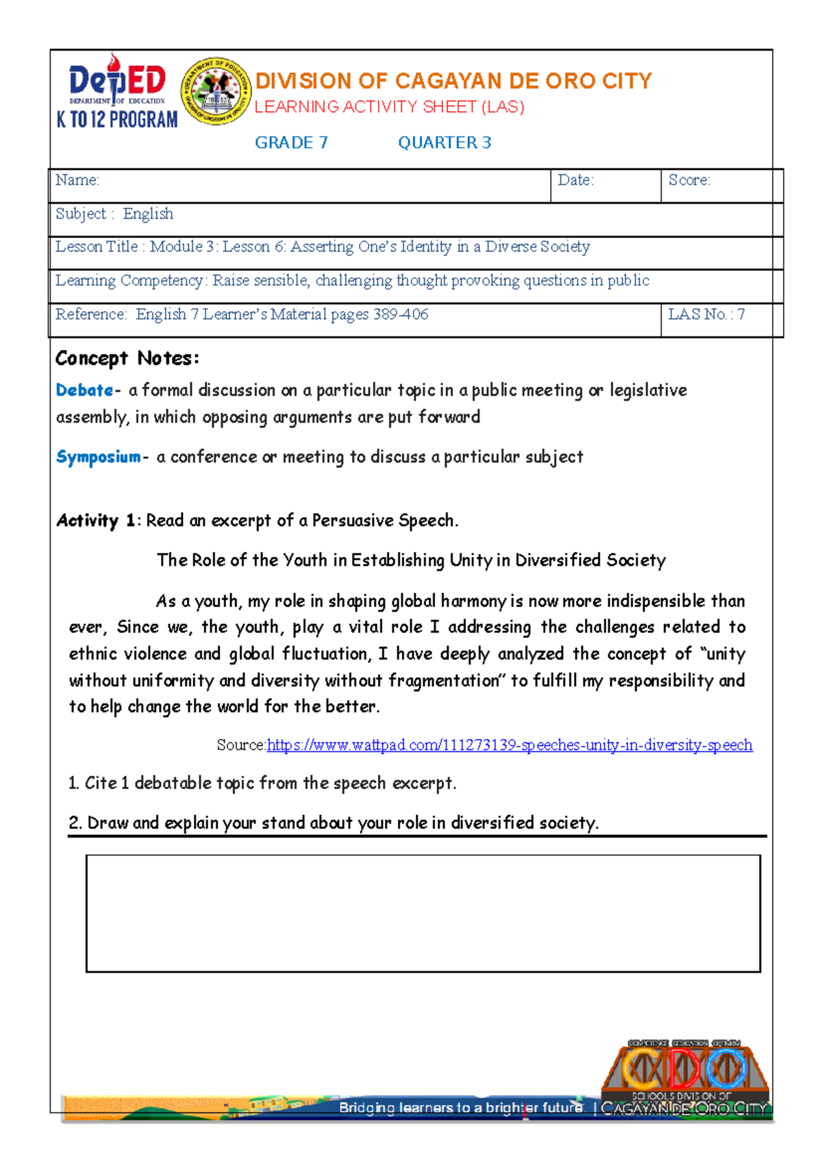 Cpar Learning activity sheet 14(3rd) - Technology for Teaching and ...