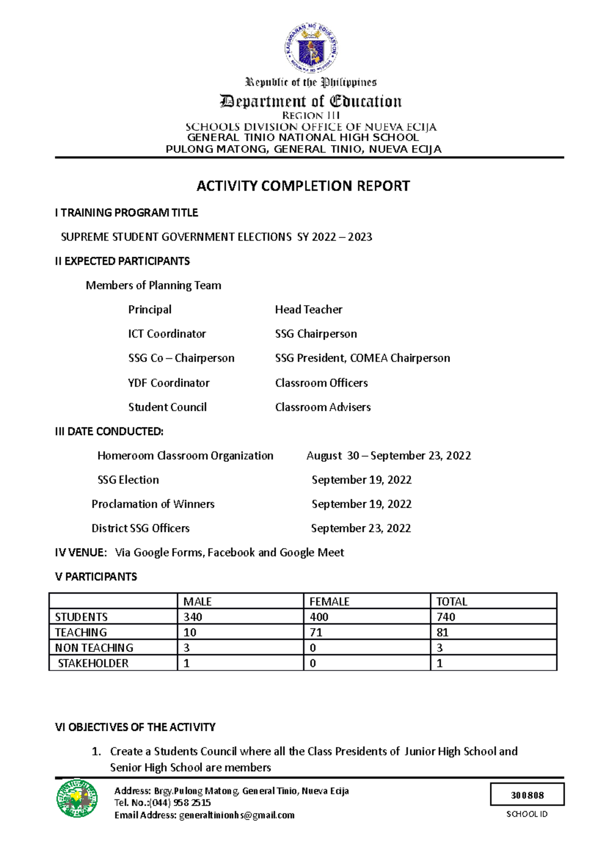 Activity Completion Report SSG - 300808 ####### SCHOOL ID E R T I O C H ...