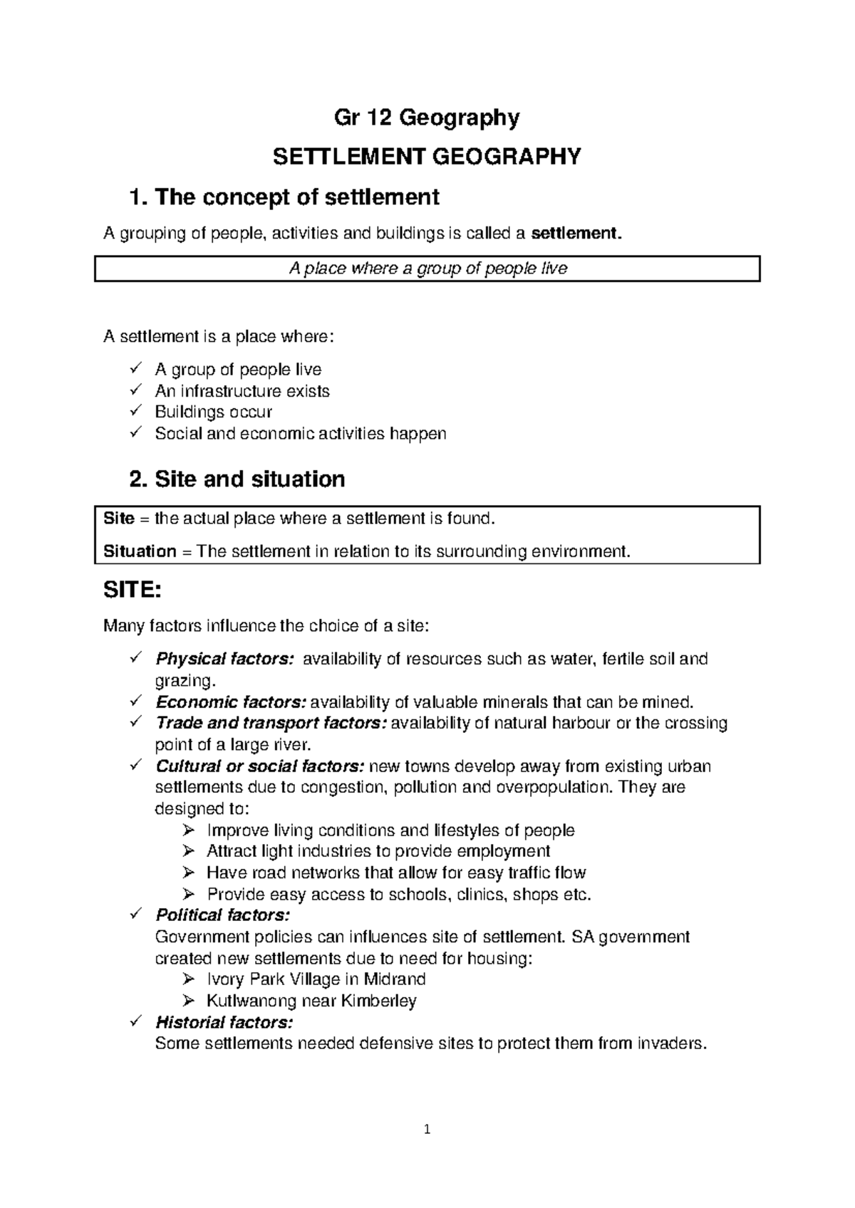 Gr 12 settlement geography part 1 summaries - Gr 12 Geography ...