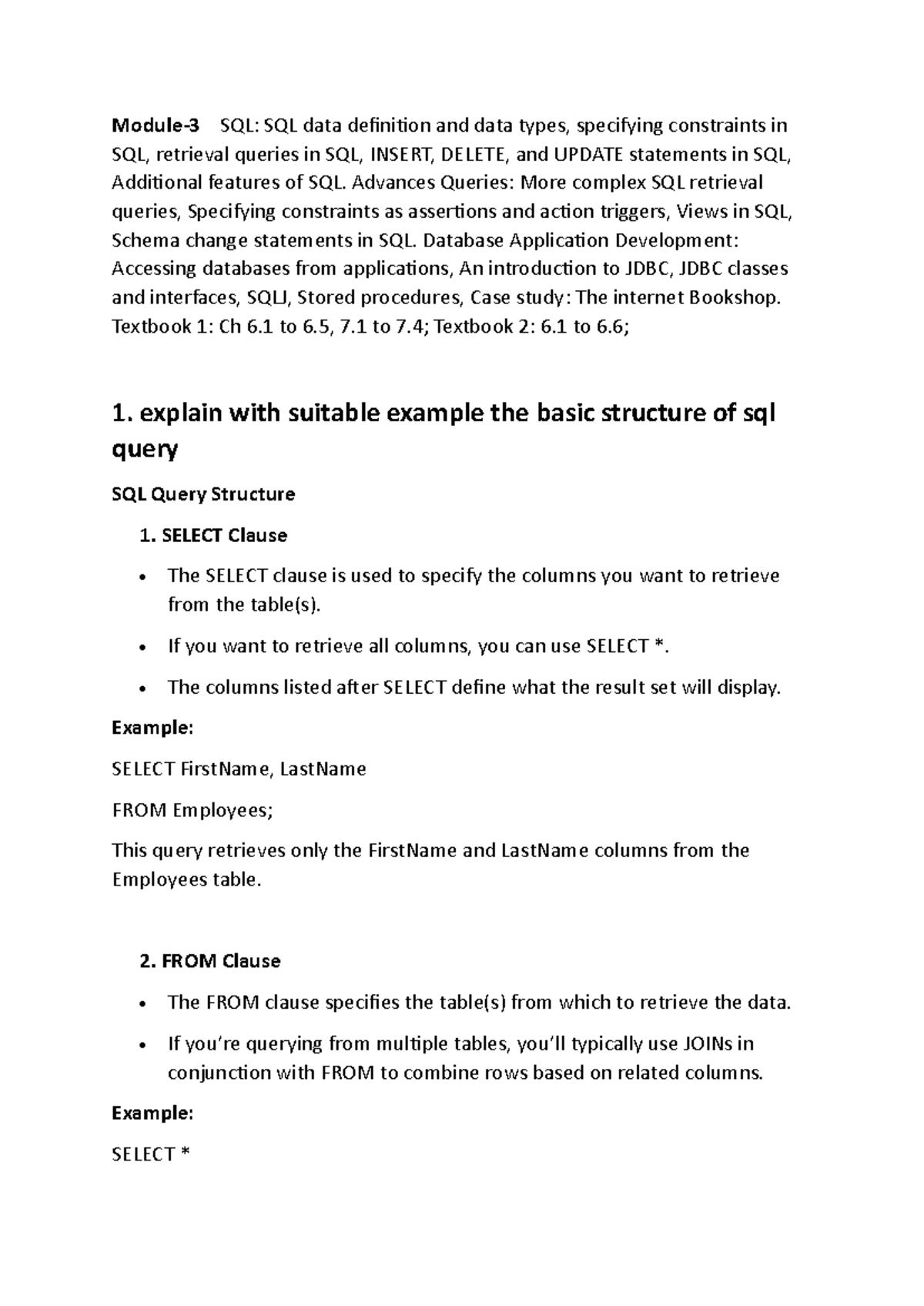 M 3 DBMS - maths - Module- 3 SQL: SQL data definition and data types, specifying constraints in ...