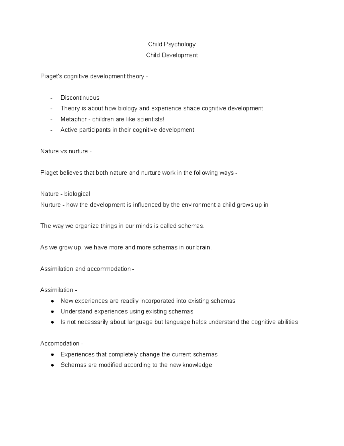 Child Psychology notes 1 - Child Psychology Child Development Piaget’s ...